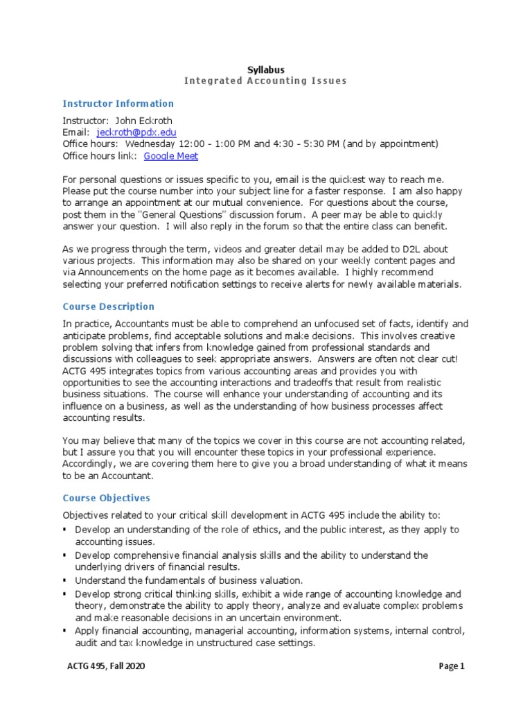 ACTG 495 Syllabus (Fall 2020) John Eckroth Portland State University ...