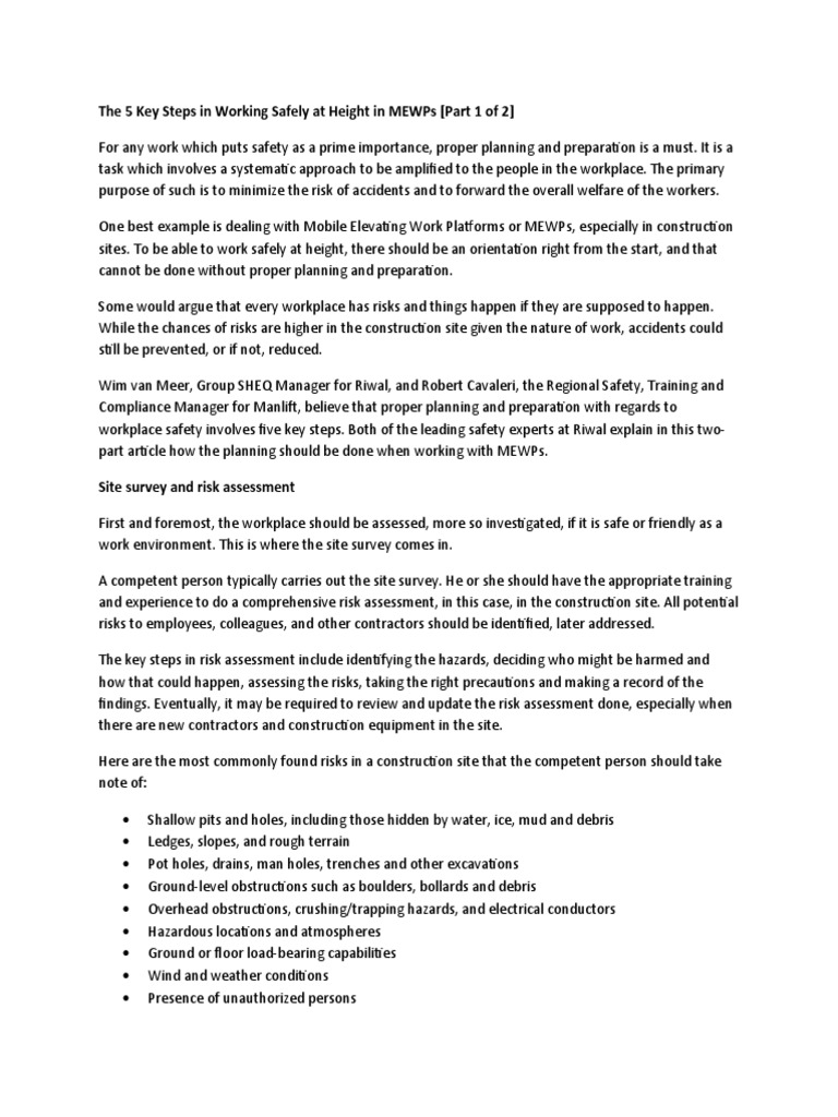 The 5 Key Steps in Working Safely at Height in MEWPs | PDF | Risk ...