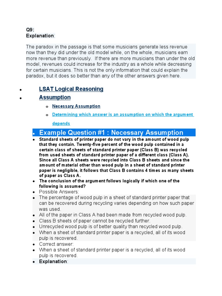 Example Question #1: Necessary Assumption: LSAT Logical Reasoning ...