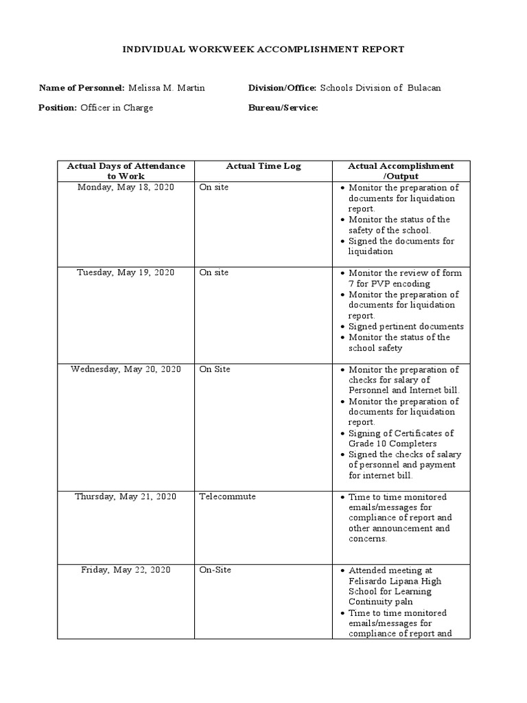 Individual Workweek Accomplishment Report | PDF | Workweek And Weekend ...