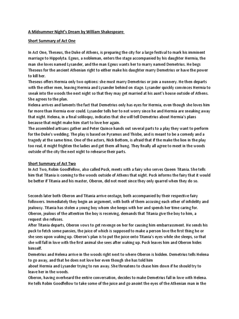 Act 1 SC 1 and 2 of A Midsummer Night's Dream by William Shakespeare ...