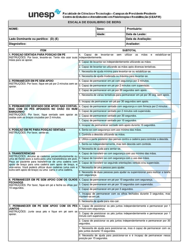 Escala de Equilibrio de Berg PDF | PDF