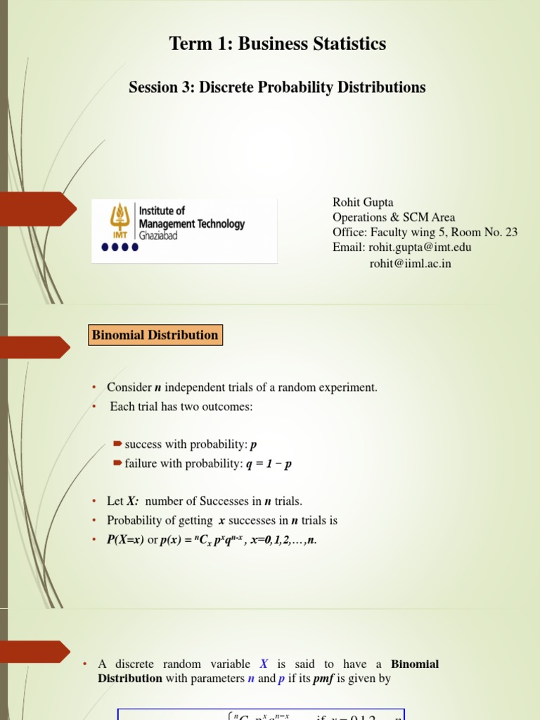 Term 1: Business Statistics: Session 3: Discrete Probability ...