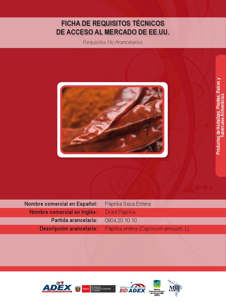 Paprika - Seca - Entera Ficha Tecnica PDF | PDF | Ají picante | Arancel