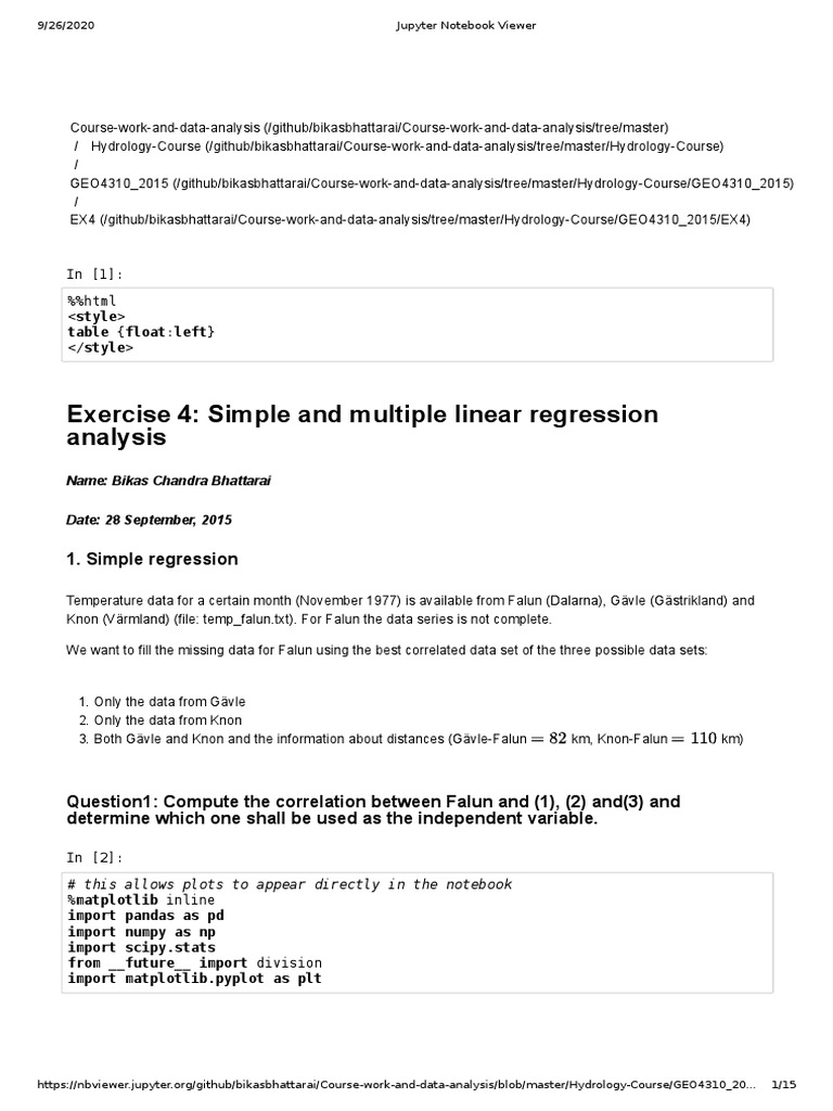 Exercise 4: Simple and Multiple Linear Regression Analysis | Download Free PDF | Coefficient Of ...