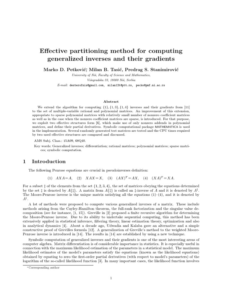 Effective Partitioning Method For Computing Generalized Inverses and Their Gradients | PDF ...