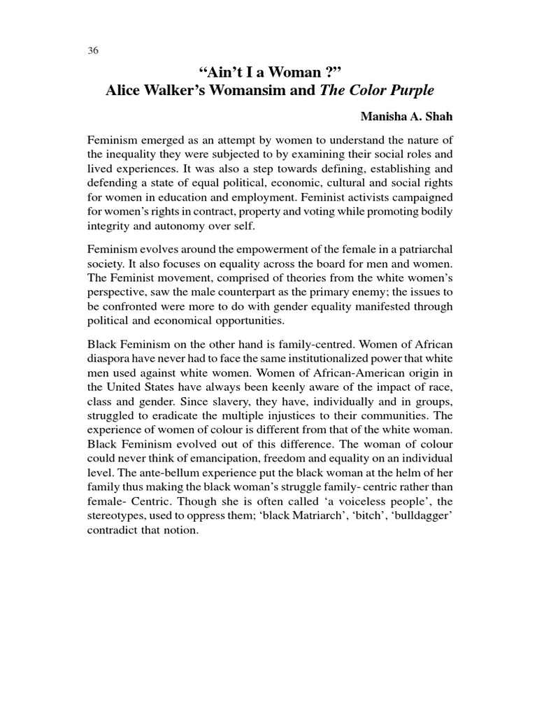 "Ain't I A Woman ?" Alice Walker's Womansim and The Color Purple | PDF ...