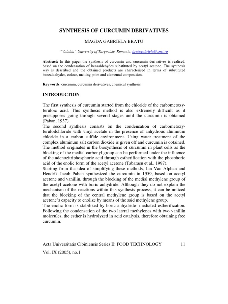 Synthesis of Curcumin Derivatives | PDF | Chemical Reactions | Biosynthesis