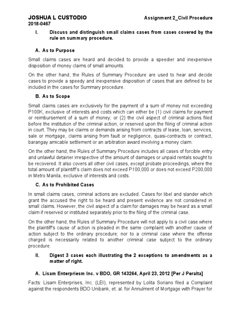 Small Claims Cases V Cases in Rules of Summary Procedure | PDF | Complaint | Lawsuit