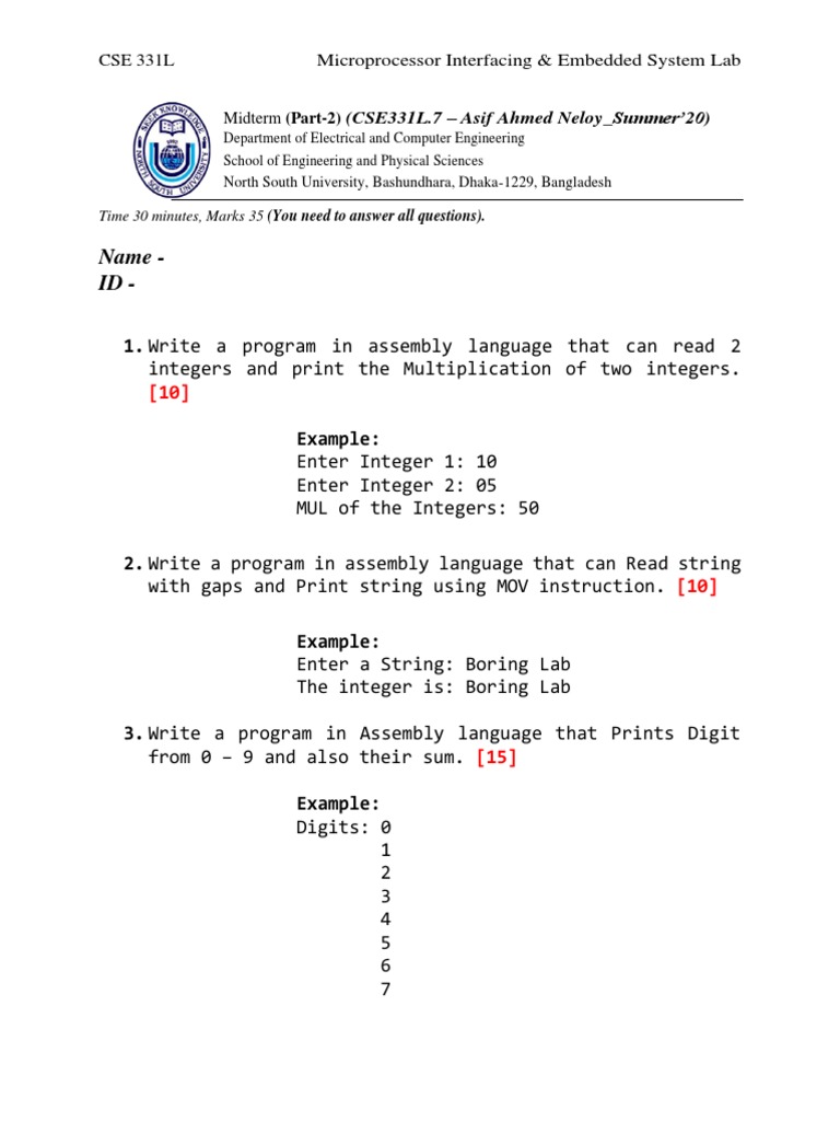 Name - ID-: 1. Write A Program in Assembly Language That Can Read 2 | PDF