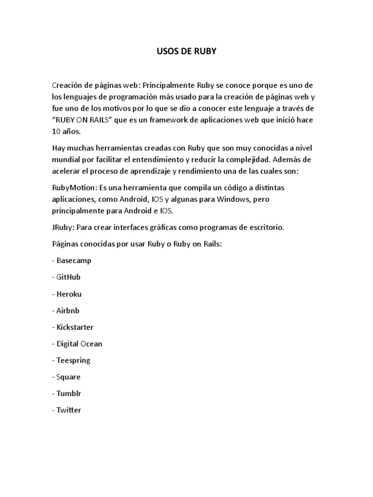 Usos y ventajas de Ruby en desarrollo web | PDF | Ruby (lenguaje de programación) | Lenguaje de ...