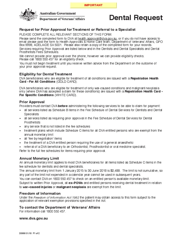DVA Dental Prior Approval Request Form | PDF | Dentist | Dentistry