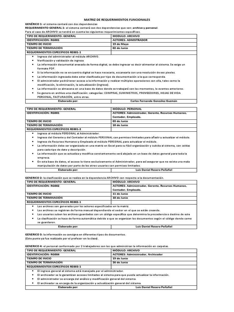 Matriz de Requerimientos Funcionales Luis Daniel Rosero Peñafiel PDF | PDF | Archivo de ...