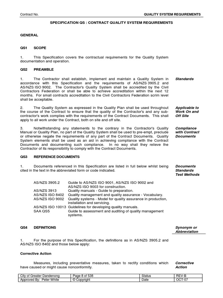 Specification QS: Contract Quality System Requirements | PDF | Quality ...