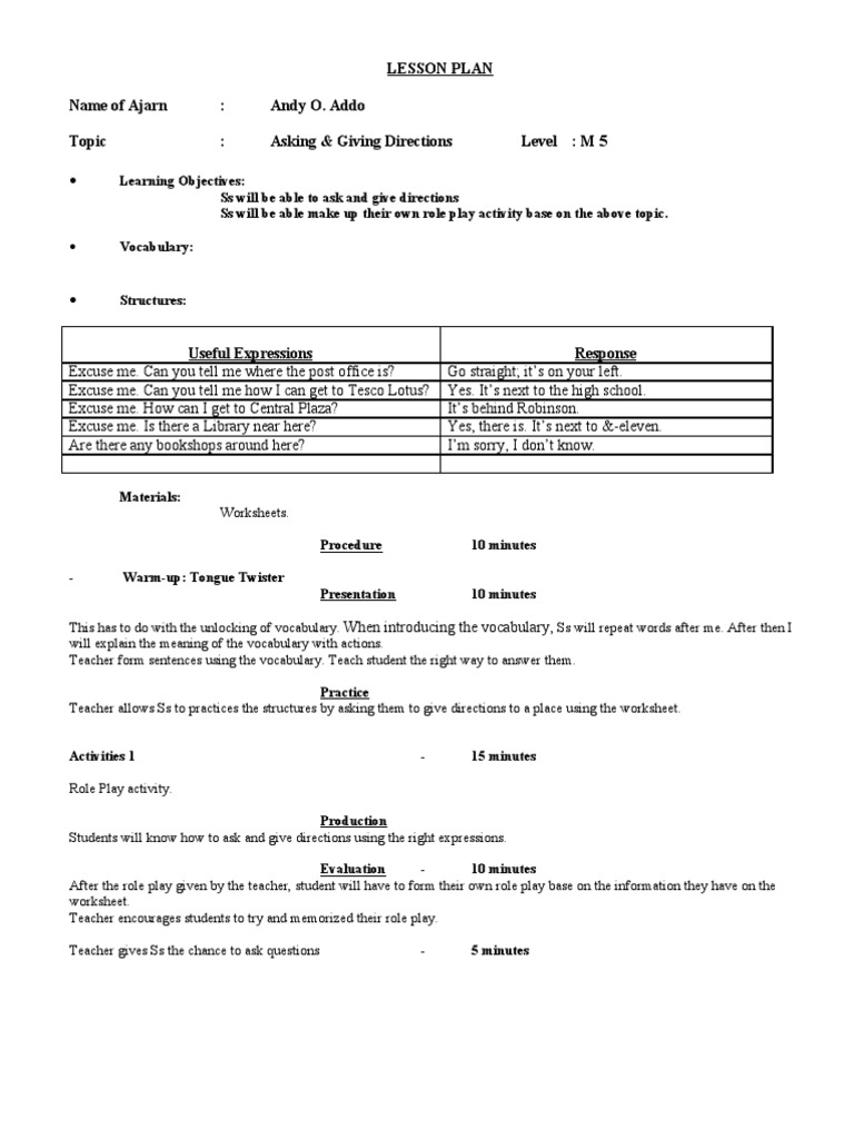 Directions Lesson Plan for M5 Students | PDF | Vocabulary | Lesson Plan