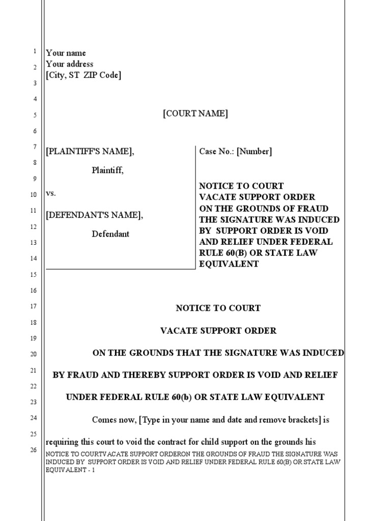 Notice to Court Vacating Support Order on Grounds of Fraudulent ...