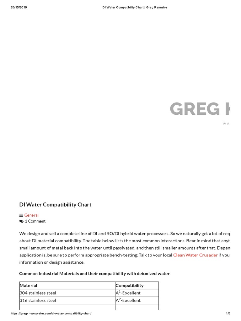 DI Water Compatibility Chart - Greg Reyneke | PDF | Pipe (Fluid ...
