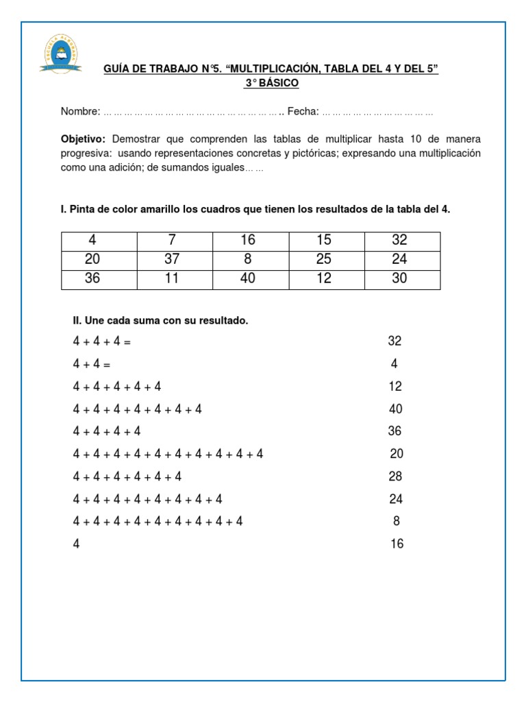 Guía de Trabajo N°5 Multiplicación Tabla Del 4 Y5 | PDF ...