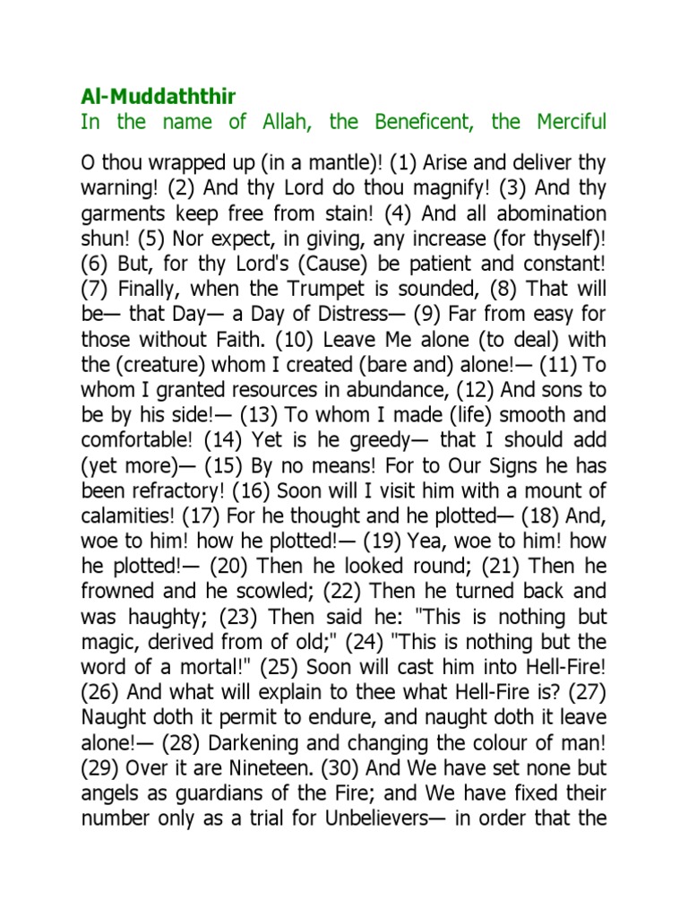 Verse Al-Muddaththir From Holy Quran | PDF | Intercession | Religious ...