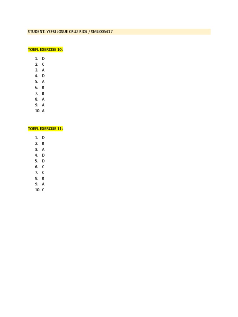 Toefl Exercise 10:: Student: Yefri Josue Cruz Rios / Smli005417 | PDF