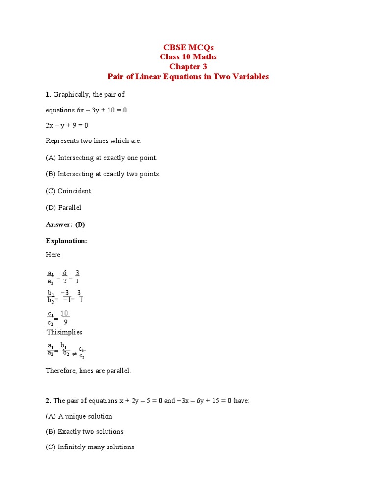 Cbse Class 10 Maths Chapter 3 Mcqs | PDF | System Of Linear Equations ...