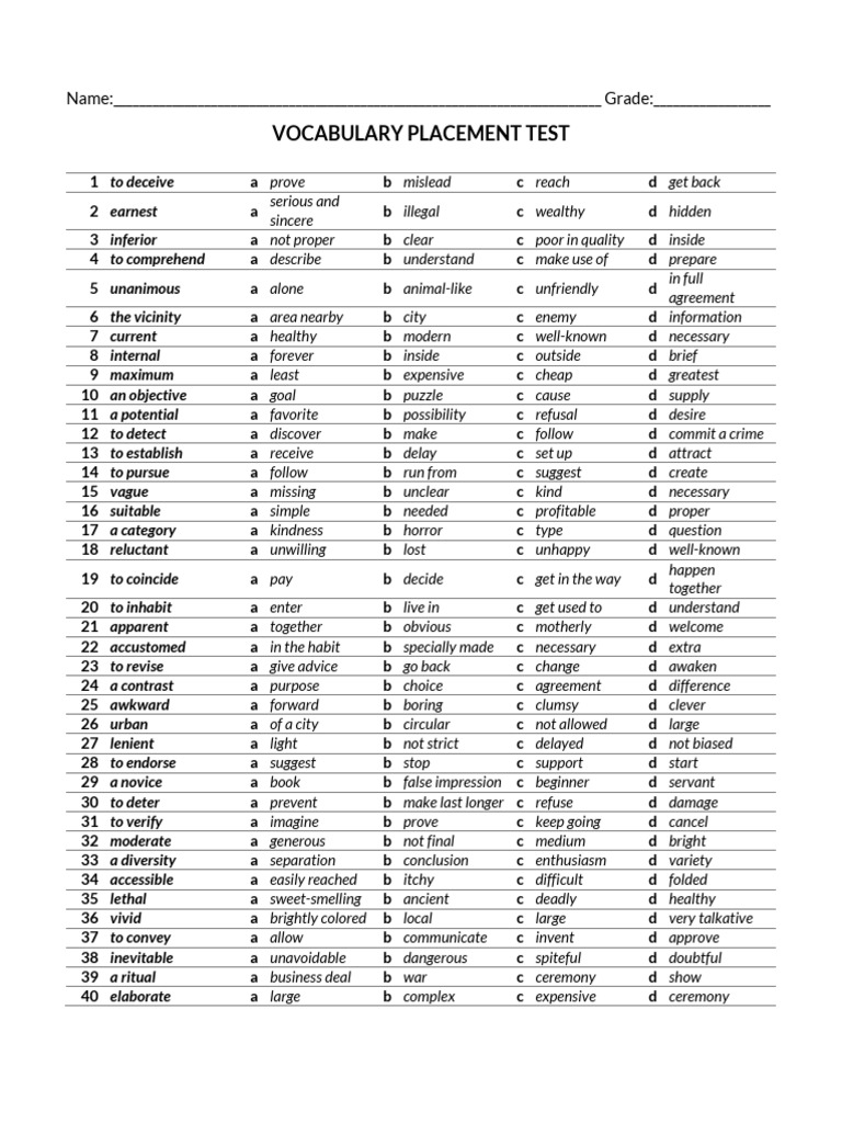 Vocabulary Placement Test | PDF