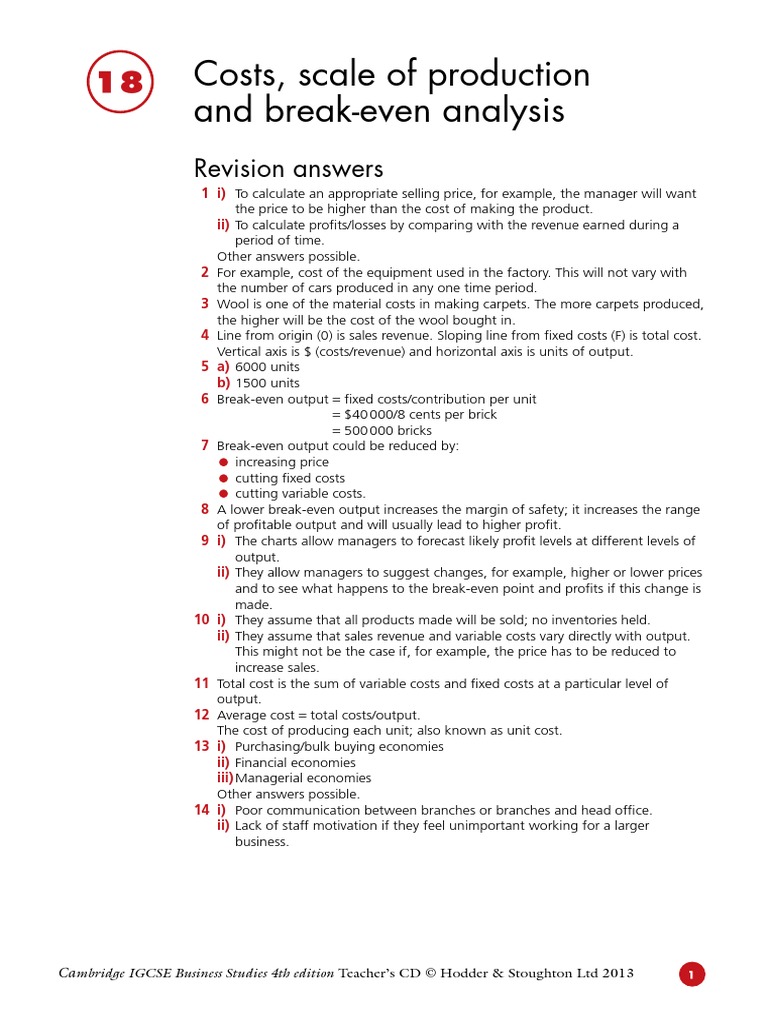 Costs, Scale of Production and Break-Even Analysis: Revision Answers ...