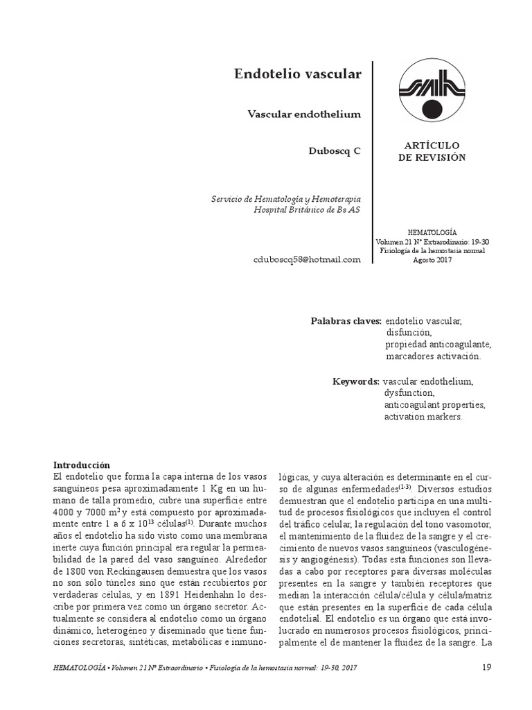 Fisiología del Endotelio Vascular | PDF | Endotelio | Coagulación