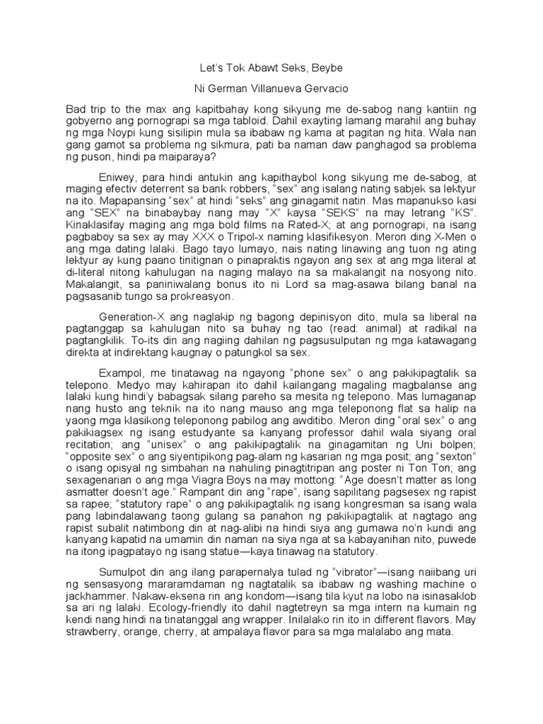 (SNYSY) Lets Tok Abawt Seks, Beybe by German Villanueva Gervacio | PDF