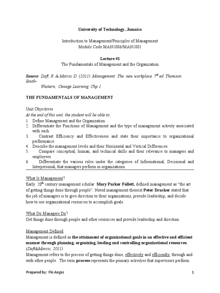 Fundamentals of Management Lecture Notes | PDF | Goal | Employment