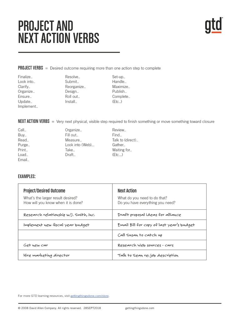 GTD - Project and Next Action Verbs | PDF