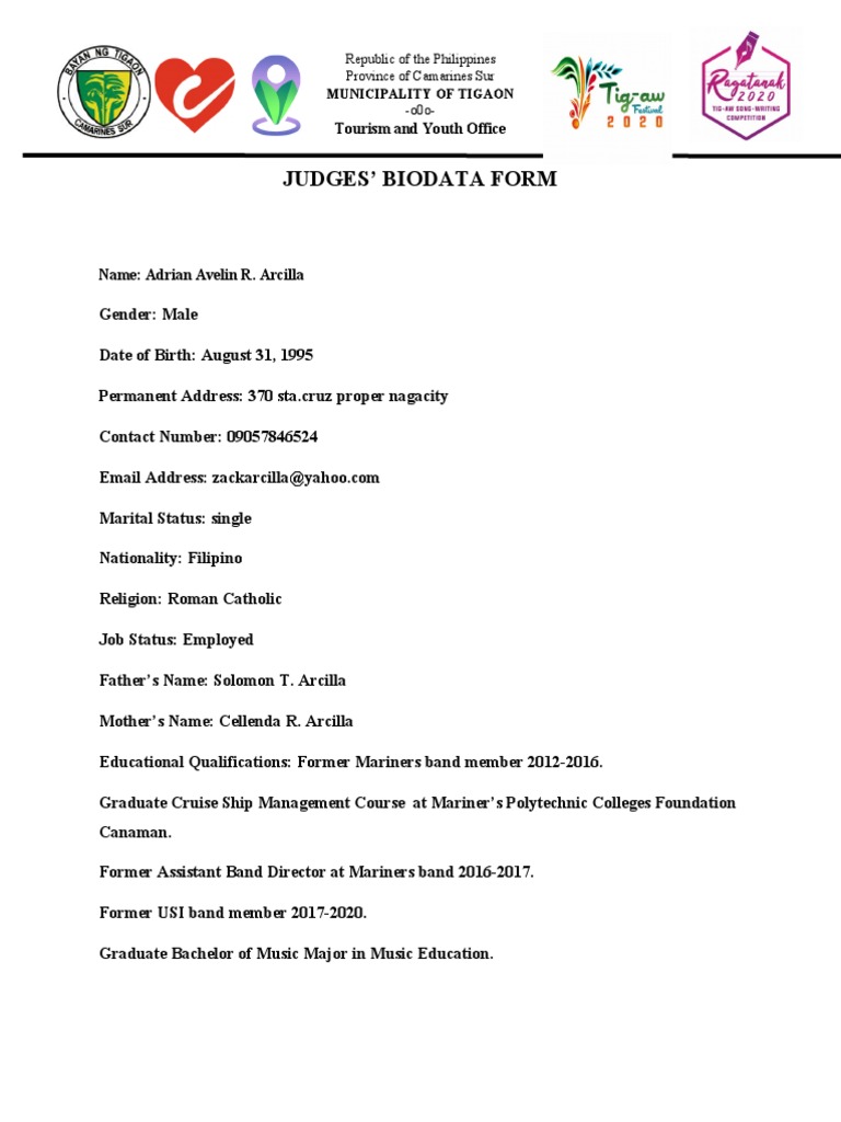 Judges' Biodata Form: Tourism and Youth Office | PDF