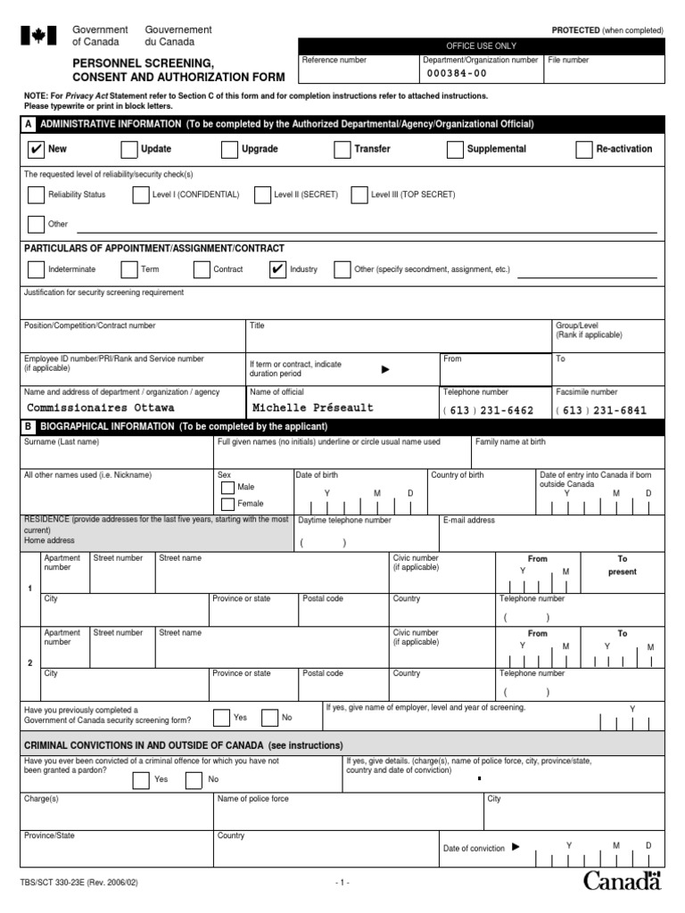 Canada Personnel Screening Form | PDF | Security Clearance | Privacy