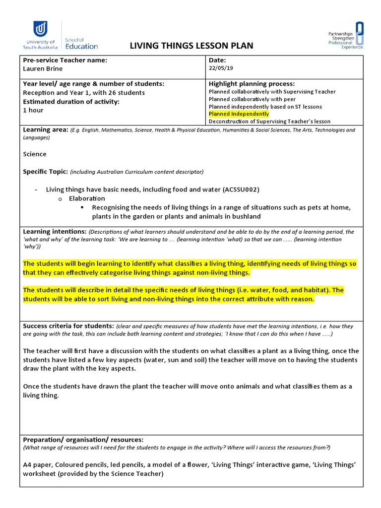 Living Things Lesson Plan | PDF | Teachers | Lesson Plan