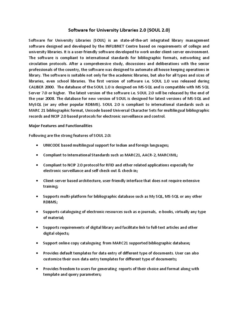 Software For University Libraries 2.0 (SOUL 2.0) : Major Features and ...