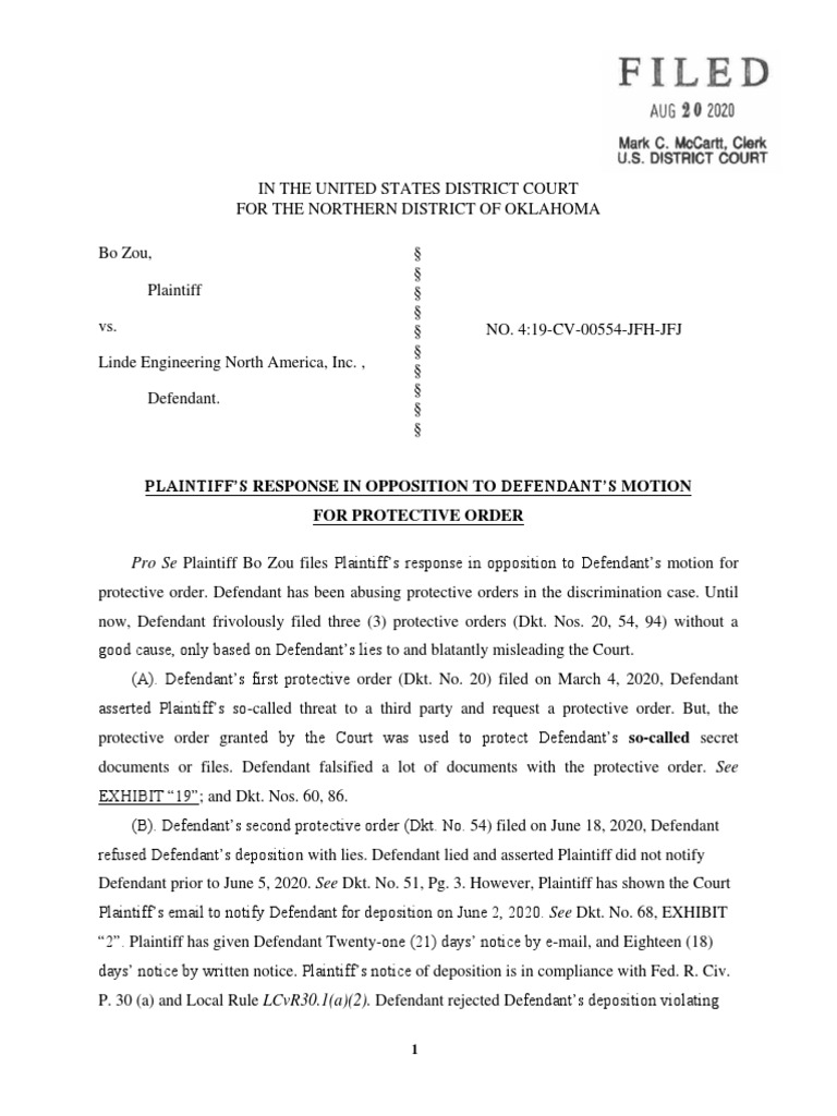 2020.08.20 - DOC104 - Zou (Linde) - Plaintiff's Objection To Defendant ...