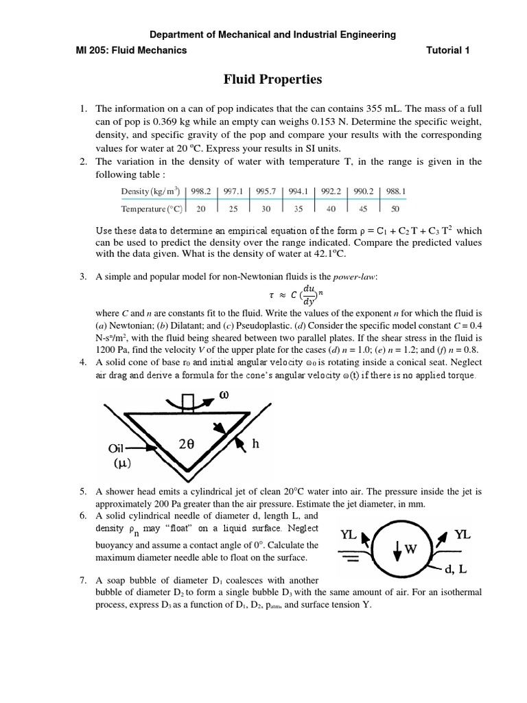 Fluid Properties: Department of Mechanical and Industrial Engineering MI 205: Fluid Mechanics ...