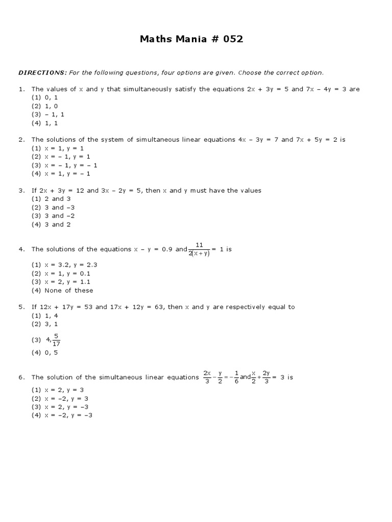 Maths Mania # 052: DIRECTIONS: For The Following Questions, Four ...