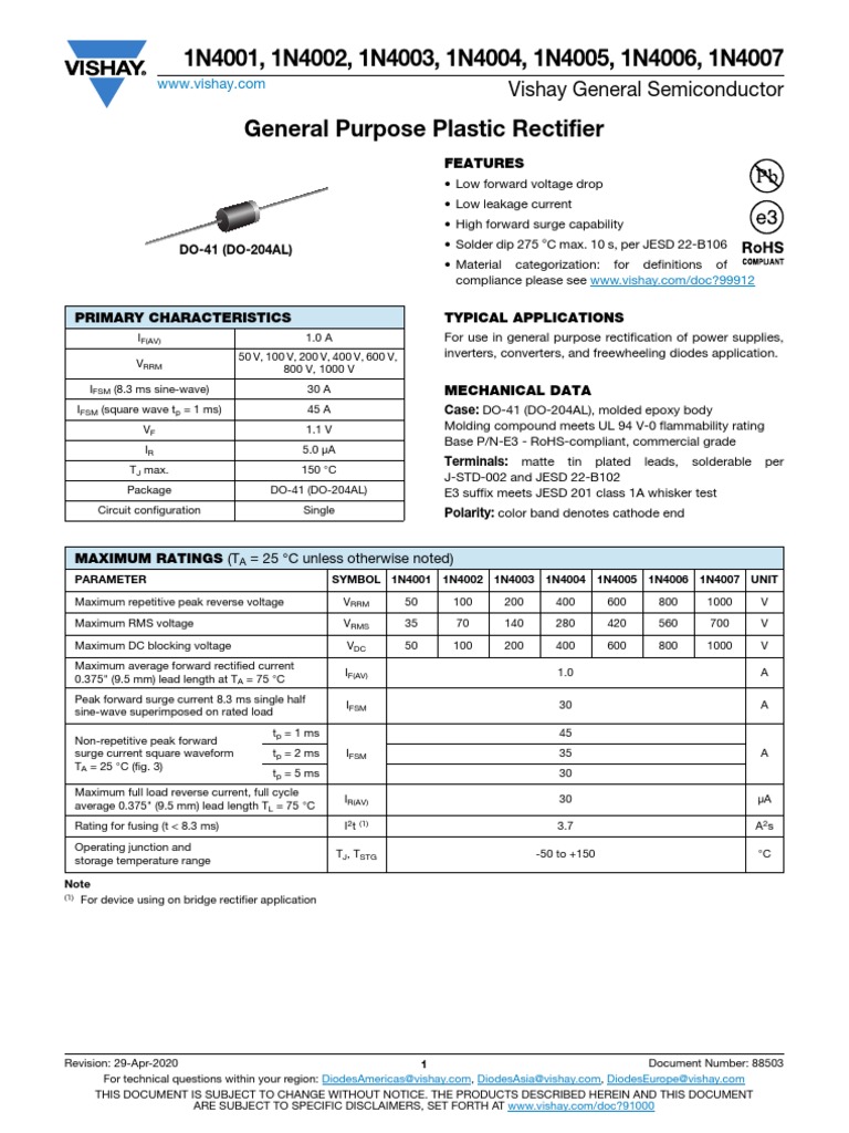 1N4001, 1N4002, 1N4003, 1N4004, 1N4005, 1N4006, 1N4007: Vishay General Semiconductor | PDF ...