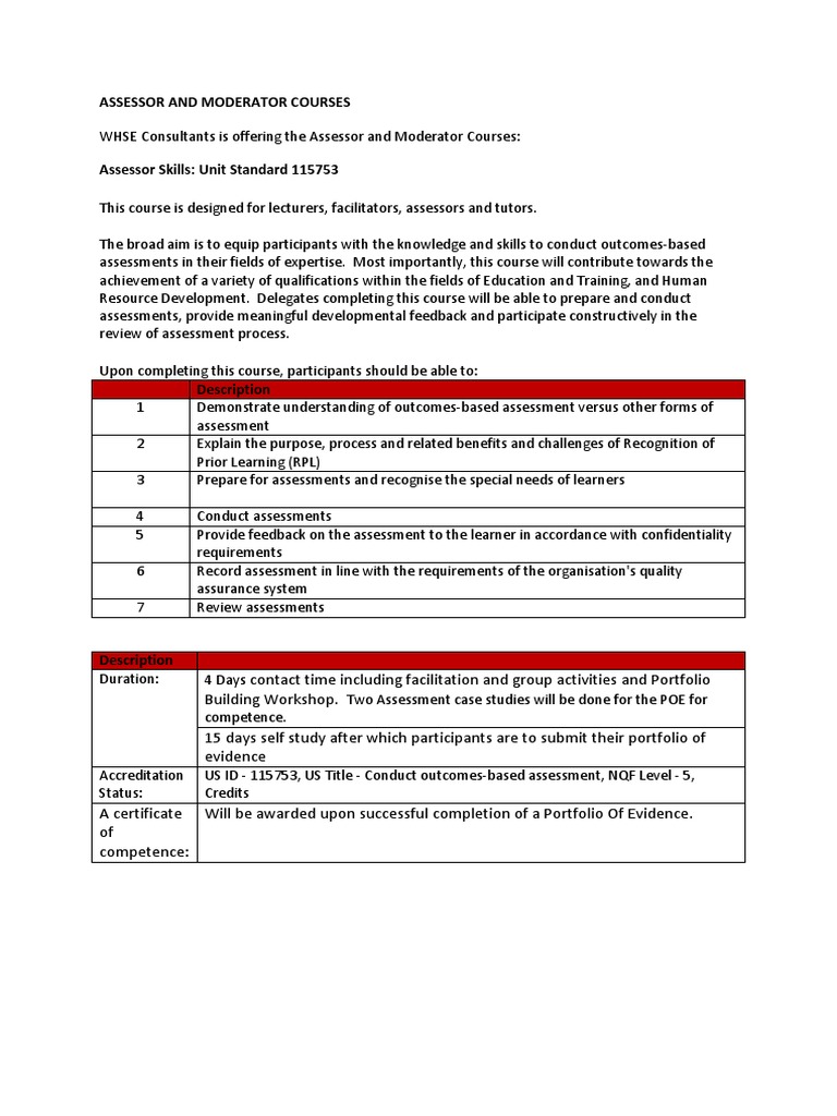 Assessor and Moderator Courses | PDF | Educational Assessment ...