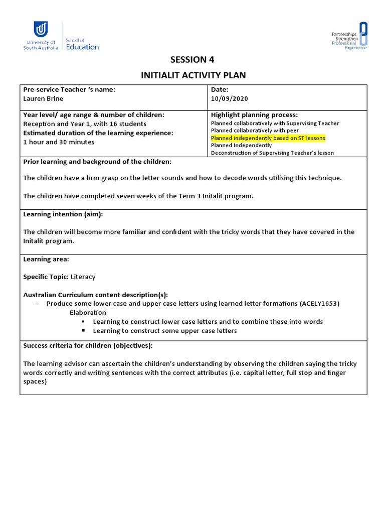 Session 4 Initialit Activity Plan | PDF | Learning | Cognition