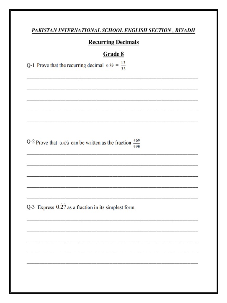 Worksheet Recurring Decimals Grade 8 PDF | PDF