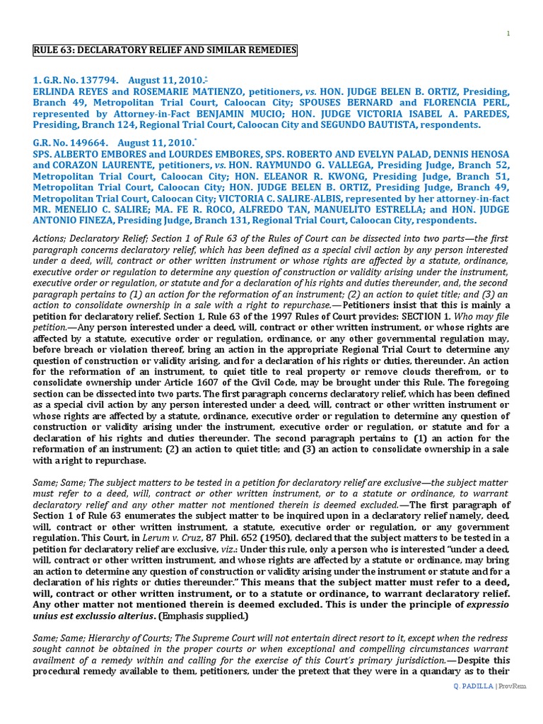Rule 63 Declaratory Relief and Similar Remedies Fulltexts | PDF ...
