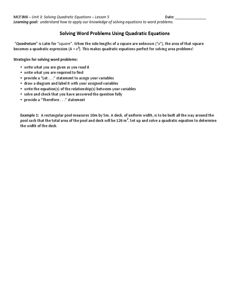 Solving Word Problems Using Quadratic Equations: Examples and Practice ...