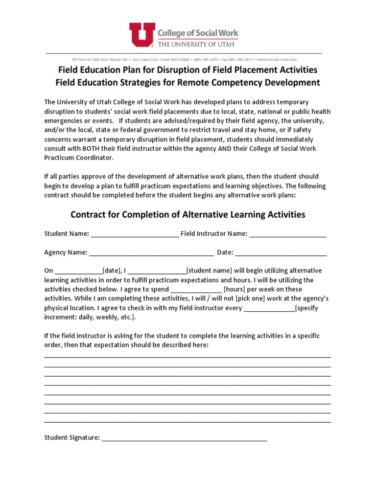 Field Education Plan For Disruption of Field Placement Activities Field ...