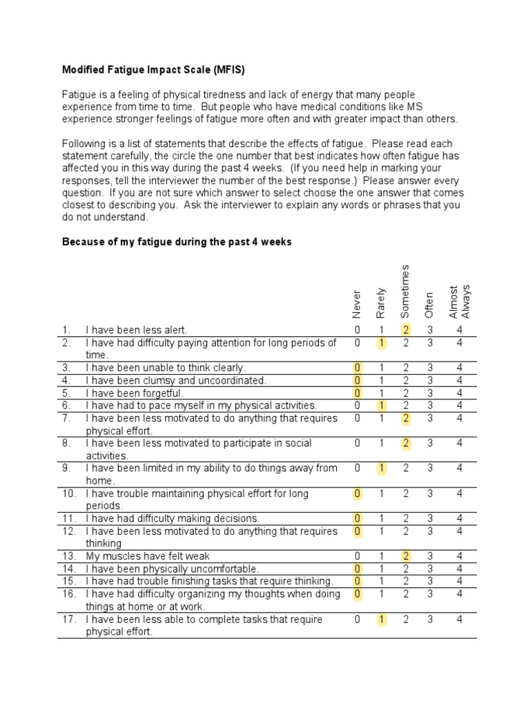 Modified Fatigue Impact Scale (MFIS) | PDF | Neuropsychological ...