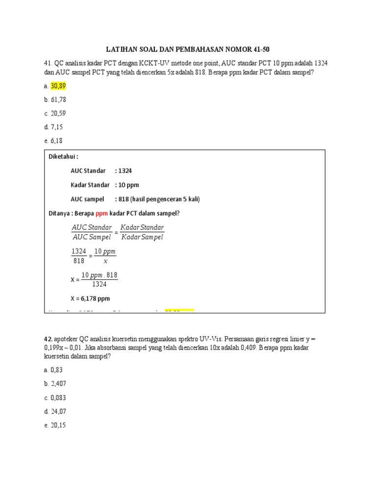 Latihan Soal Dan Pembahasan Nomor 41-50: AUC Standar AUC Sampel Kadar Standar Kadar Sampel X | PDF