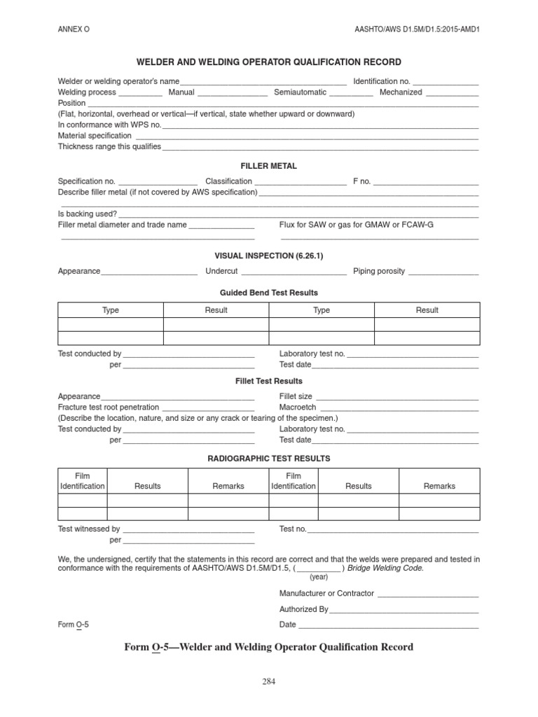 Form O-5-Welder and Welding Operator Qualification Record | PDF ...