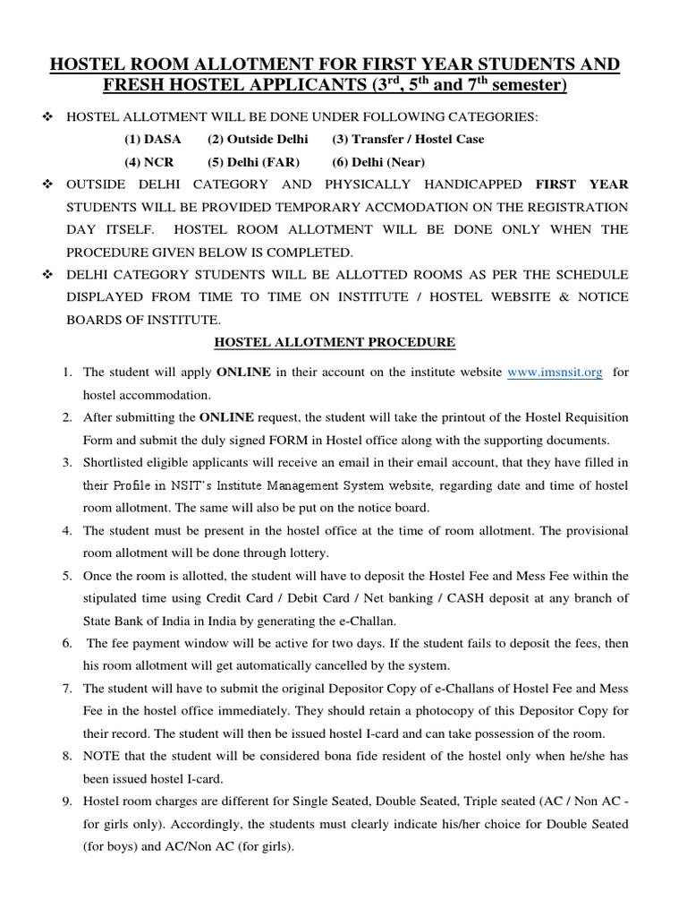 Hostel Room Allotment For First Year Students and Fresh Hostel ...