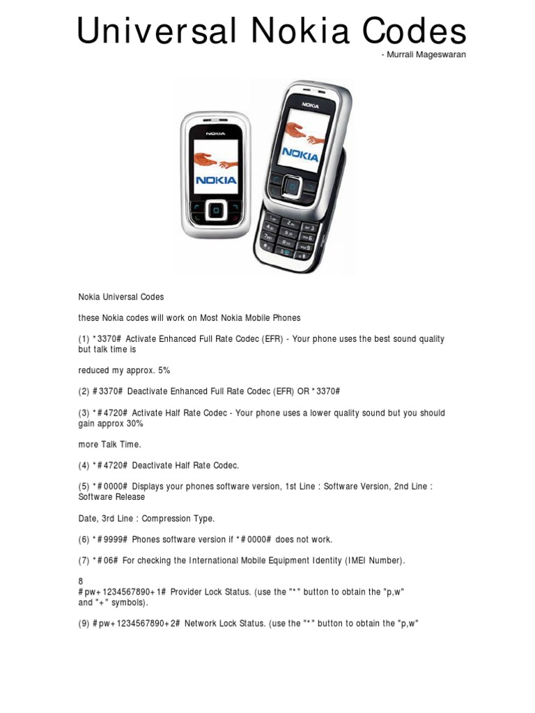 Nokia Universal Codes | PDF | Telecommunications | Mobile Technology